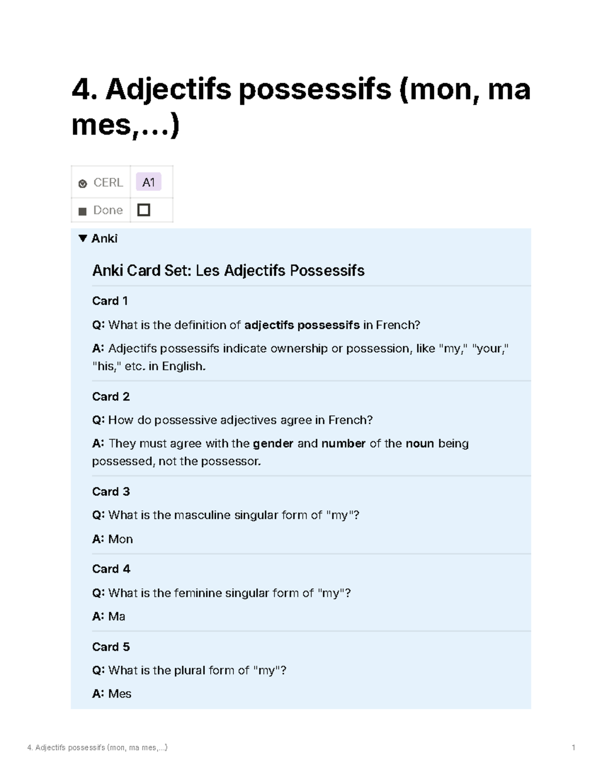 Les Adjectifs Possessifs en Français - CERL A1 Lecture Notes - Studocu