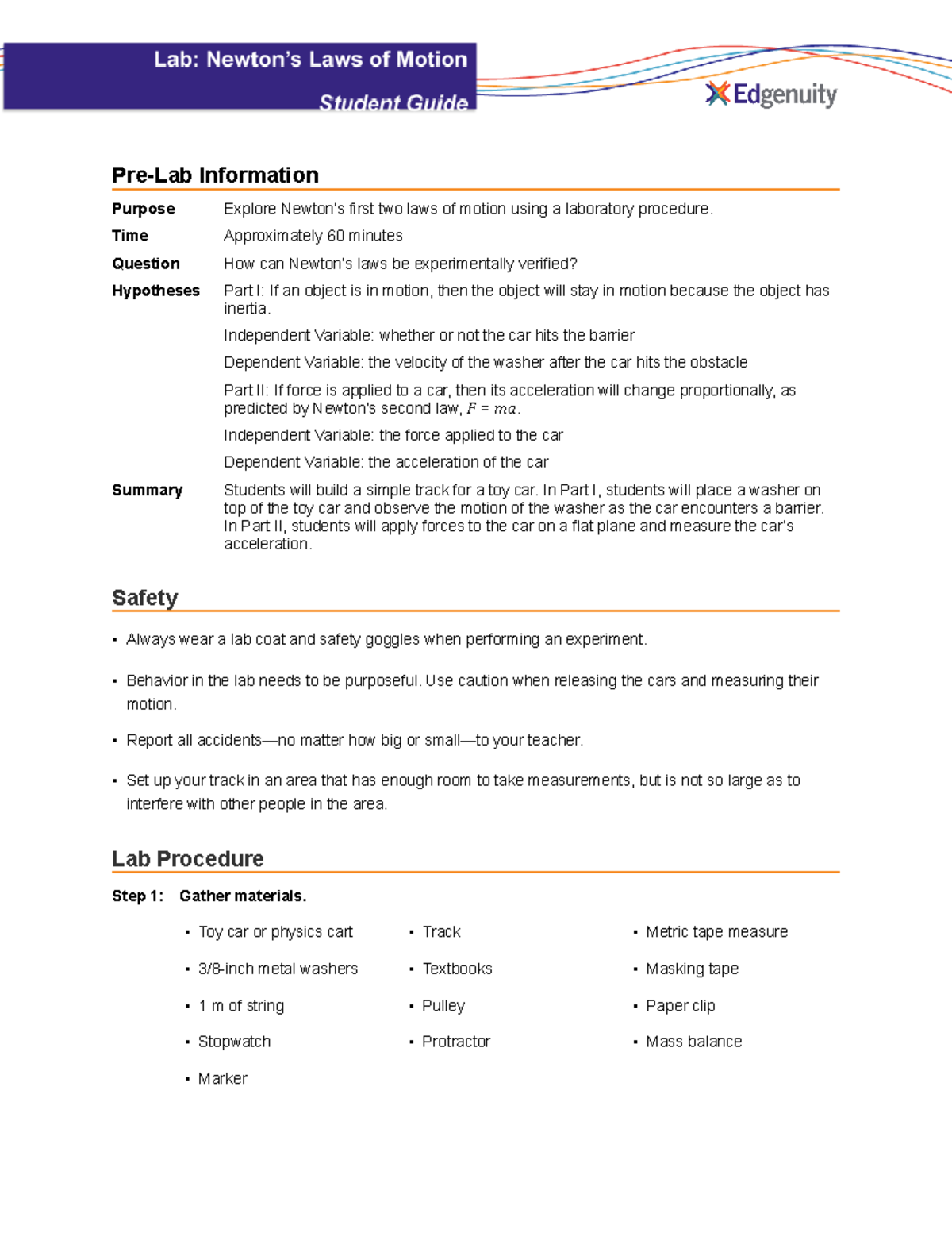 Lab-Newton's Laws of Motion-student guide - Pre-Lab Information Purpose ...