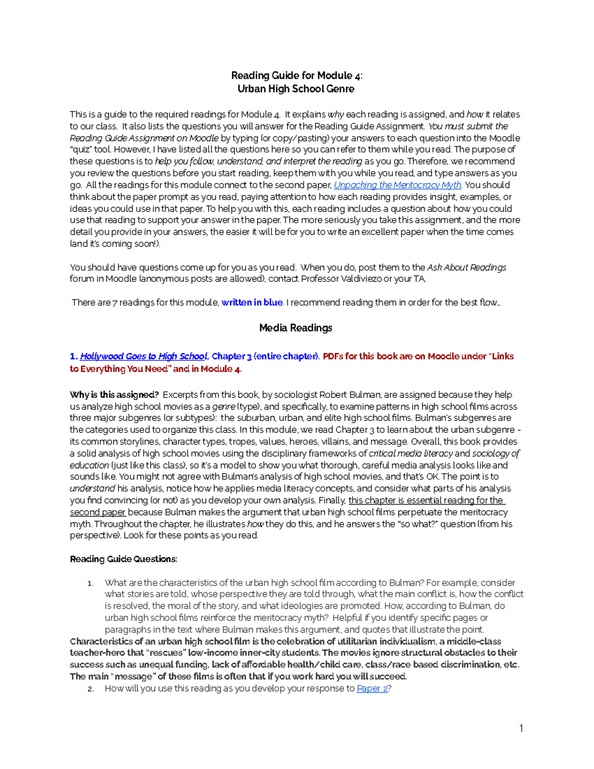 Module 4 Reading Guide - Reading Guide for Module 4: Urban High School Genre This is a guide to ...