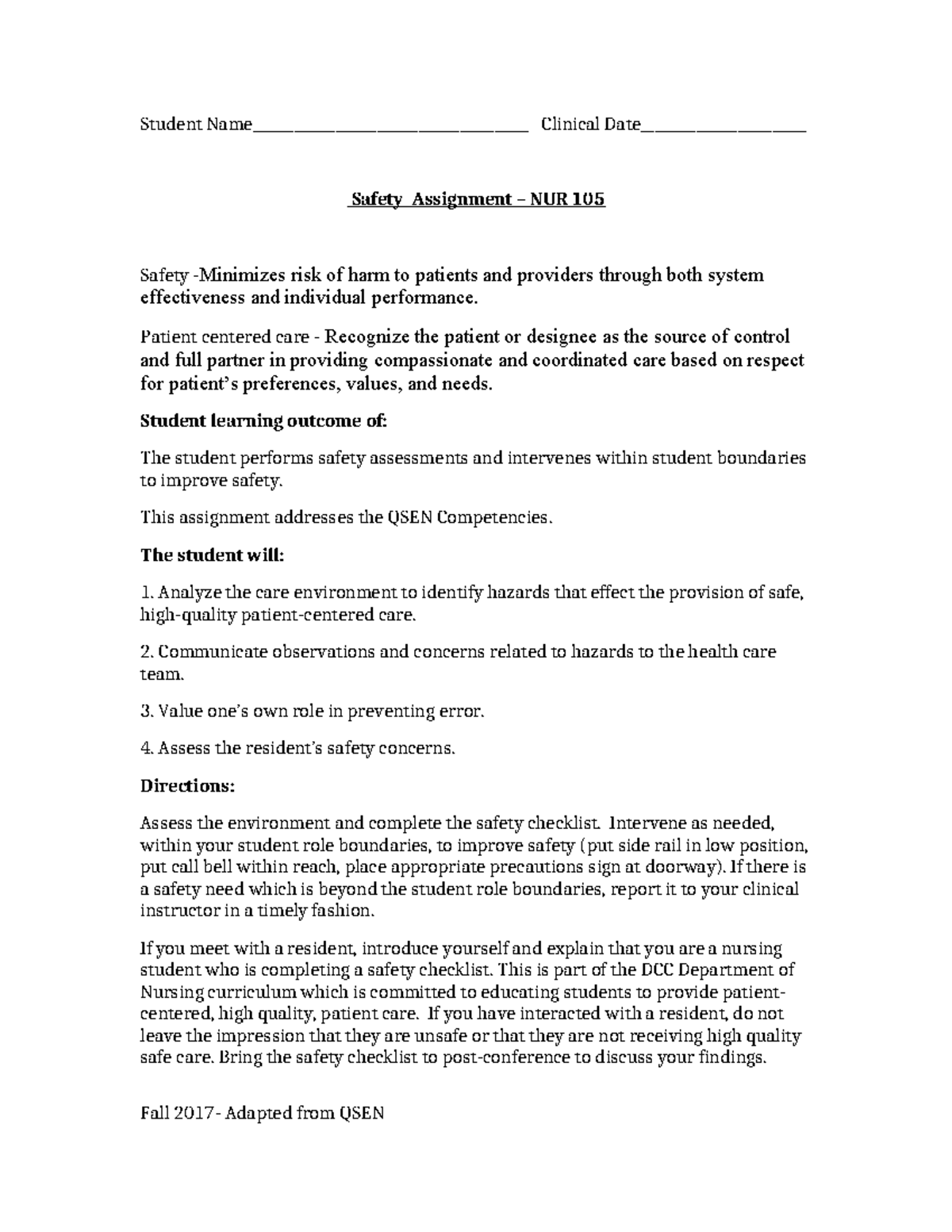 Safety assignment N105 fall 2017 - Student Name ...