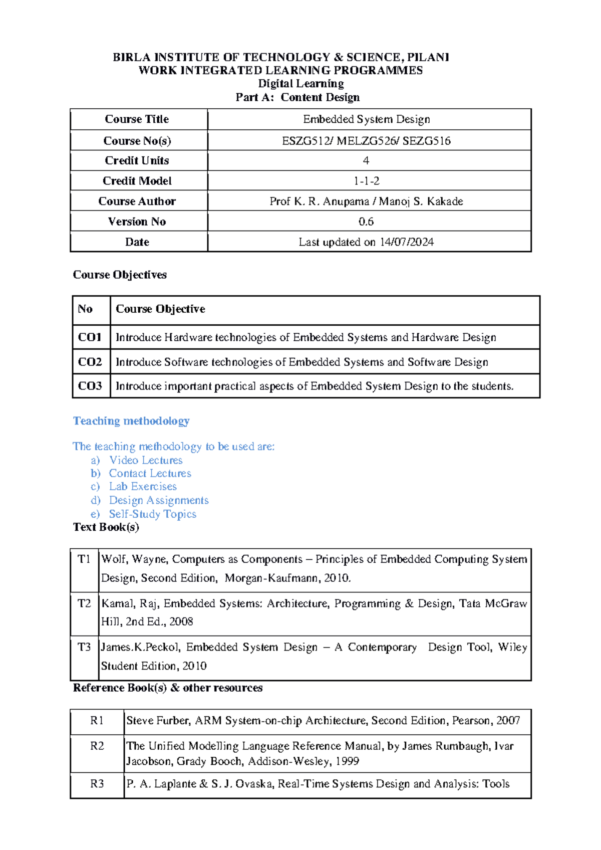 ES ZG512 Embedded Systems Design: Course Content and Evaluation Overview - Studocu