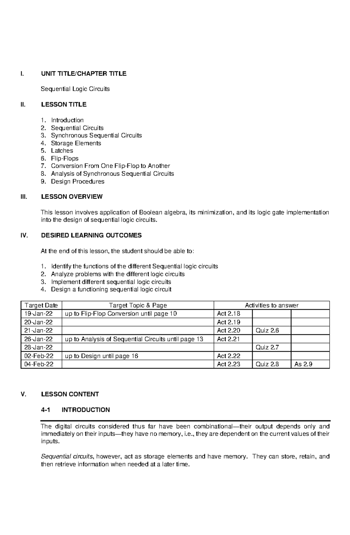 Logic Circuits and Switching Theory - Lesson 4 - I. UNIT TITLE/CHAPTER TITLE Sequential Logic ...