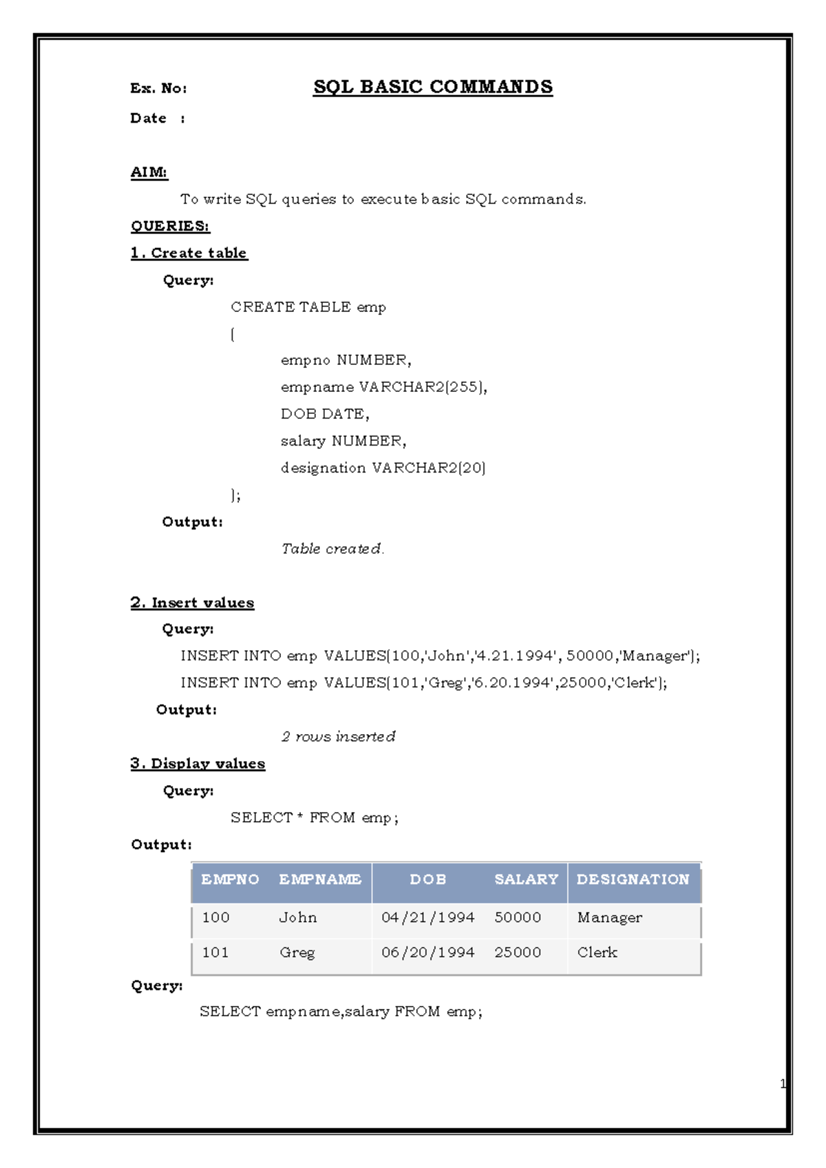 DBMS Lab Manual CSE 2023: SQL Basic Commands & DML Queries - Studocu