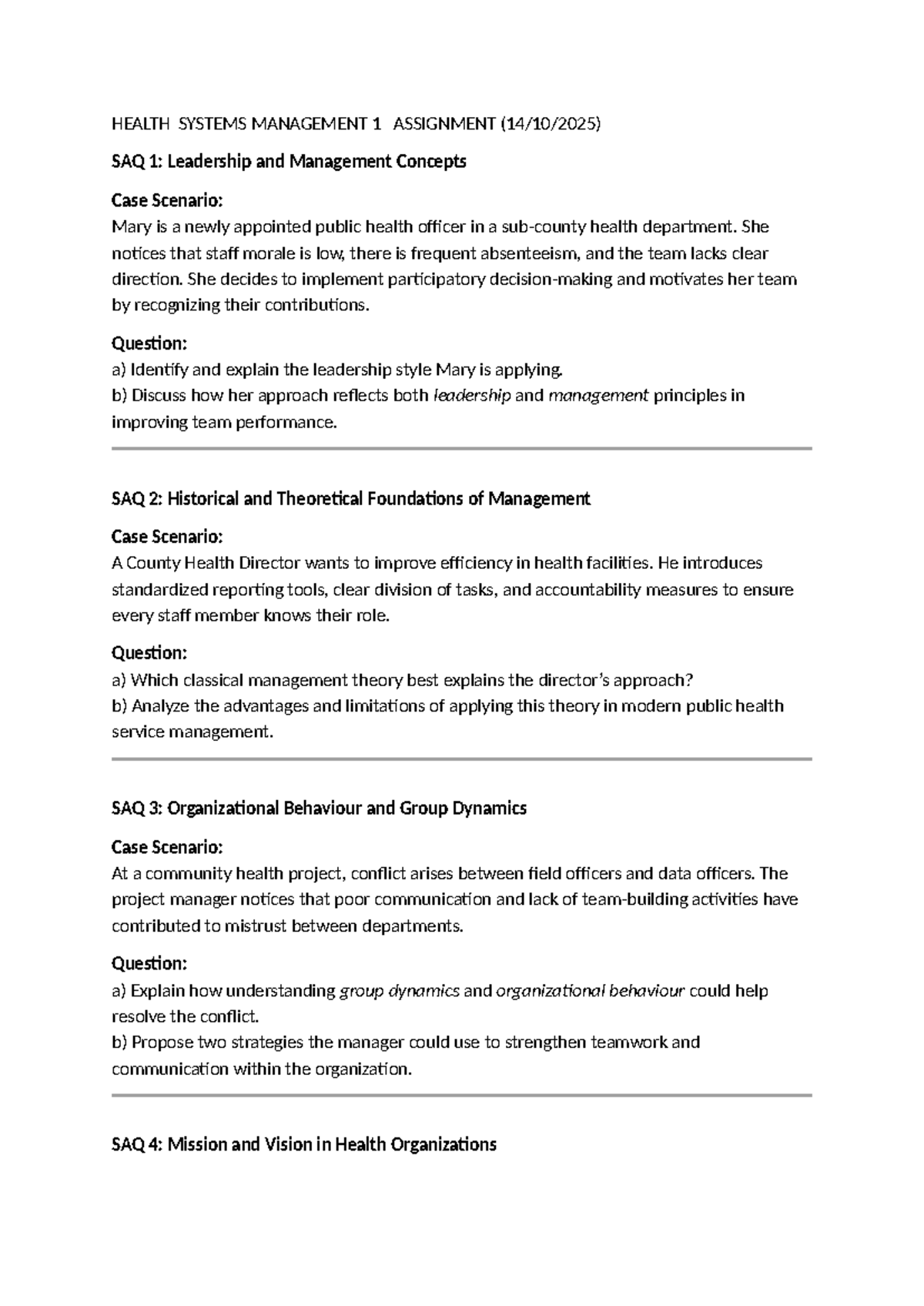 HEALTH SYSTEMS MANAGEMENT 1 ASSIGNMENT: Leadership & Management ...