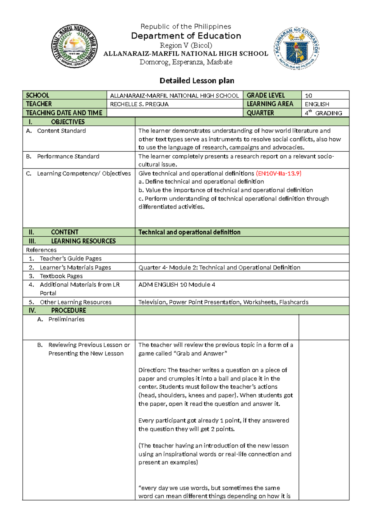 Detailed Lesson Plan: Technical and Operational Definitions (ENG 10 ...