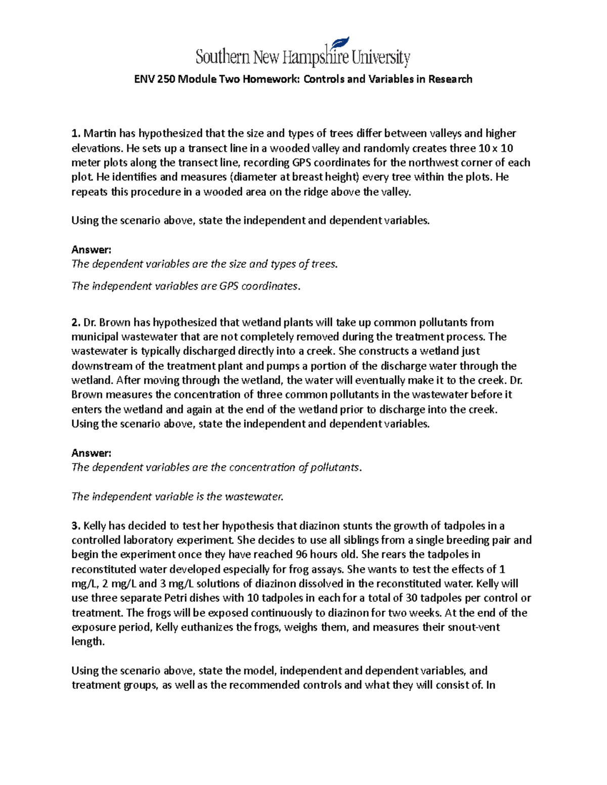 ENV 250 Module Two Homework: Exploring Controls & Variables in Research ...