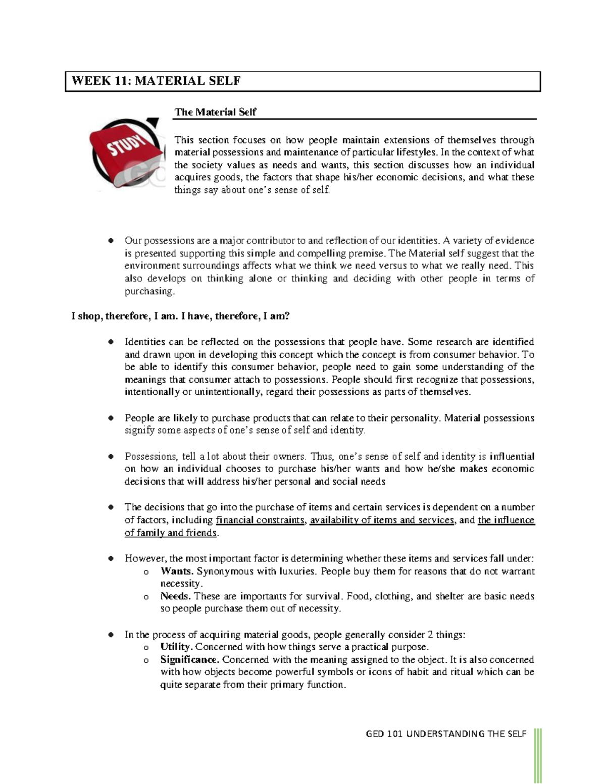 Week 11 GED-101 Final Exam Notes: The Material Self and Identity - Studocu