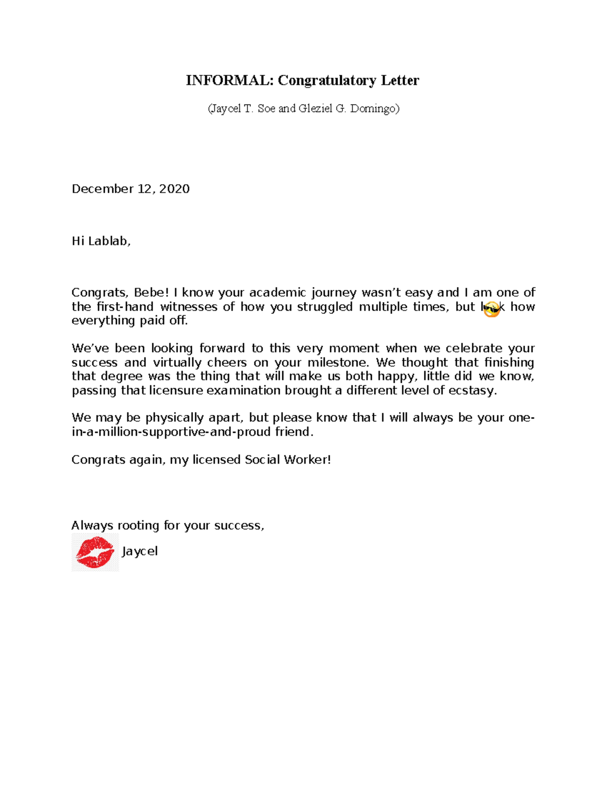 Informal letter - INFORMAL: Congratulatory Letter (Jaycel T. Soe and ...