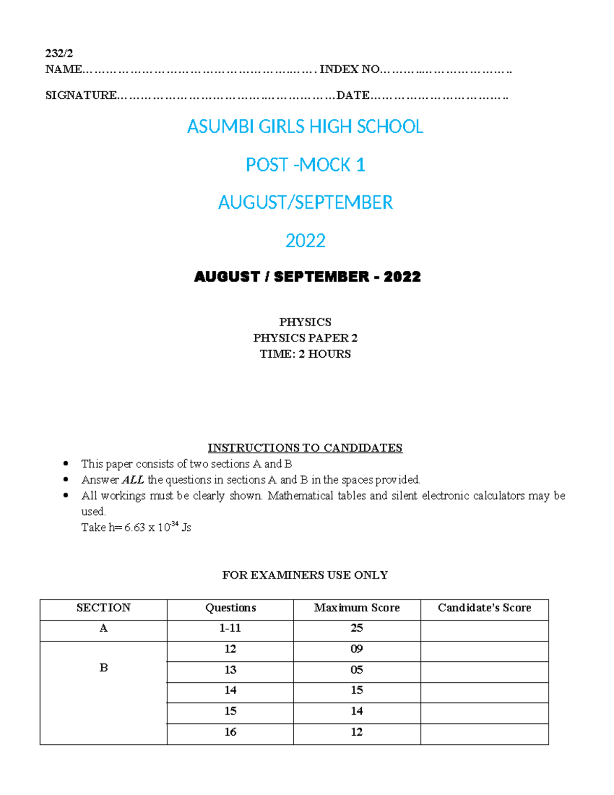 Physics Paper 2 - Asumbi Girls High School Post 1, Aug-Sept 2022 - Studocu