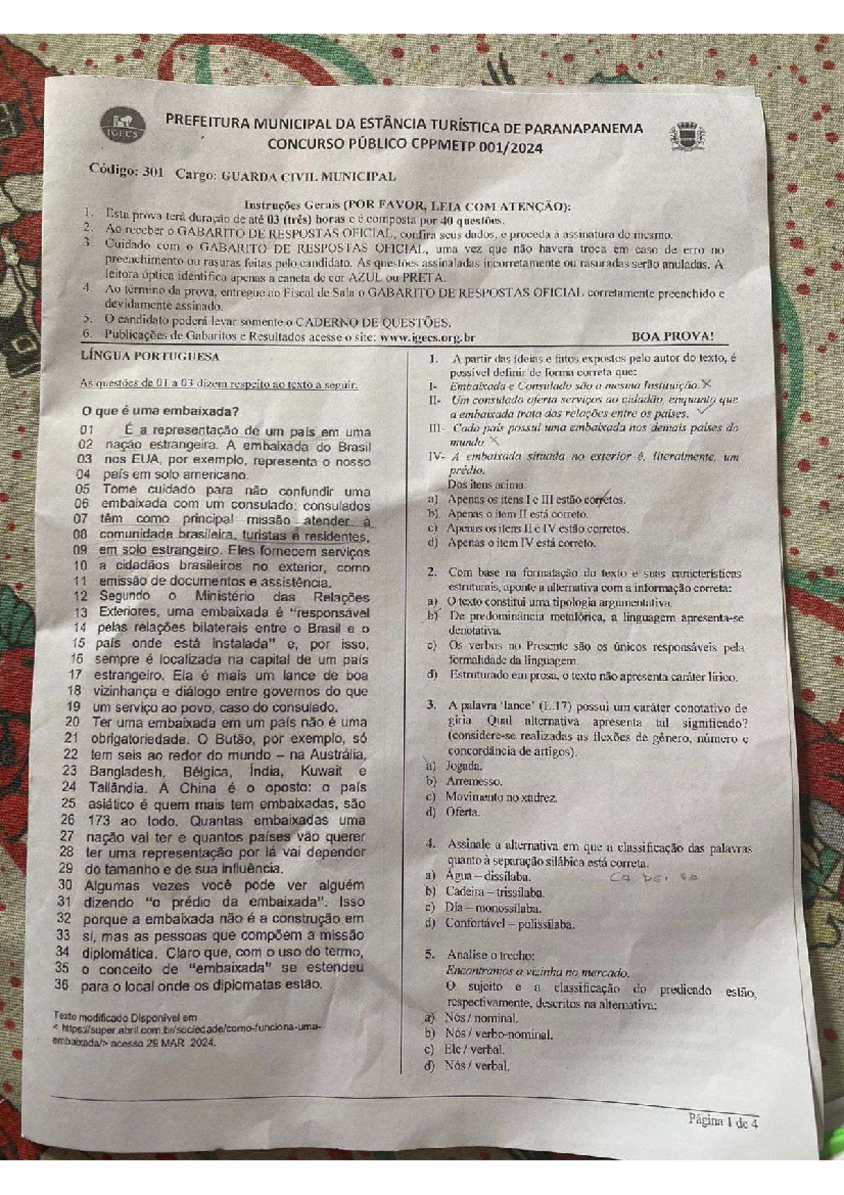 Prova GCM 301 - Concurso Público da Prefeitura de Paranapanema - Studocu