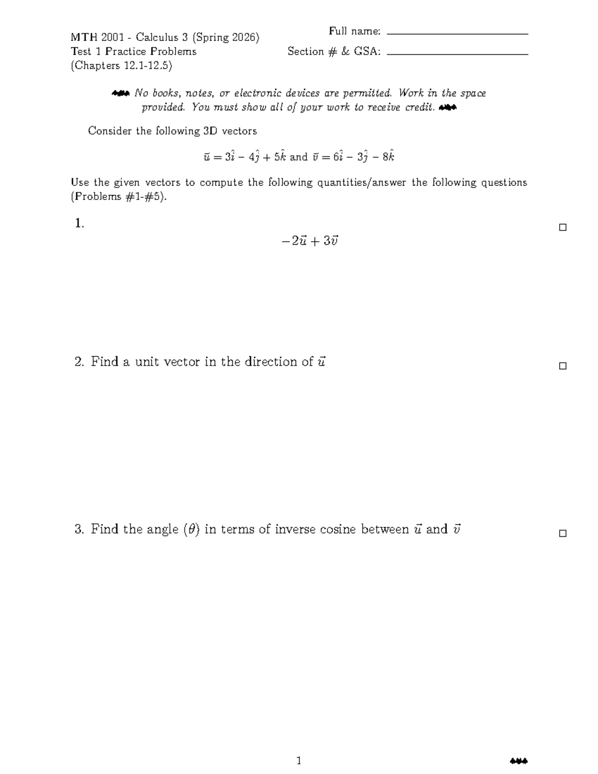 MTH 2001 Calculus 3 Test 1 Practice Problems (Spring 2026) - Studocu