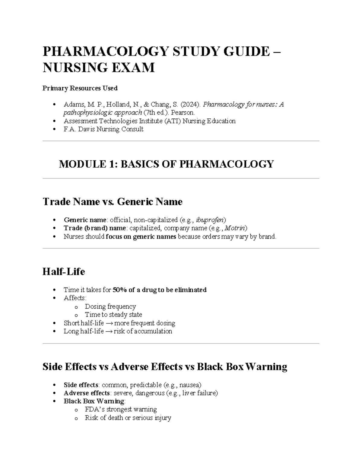 PHARM 101: Nursing Exam Study Guide for Pharmacology Exam 1 - Studocu