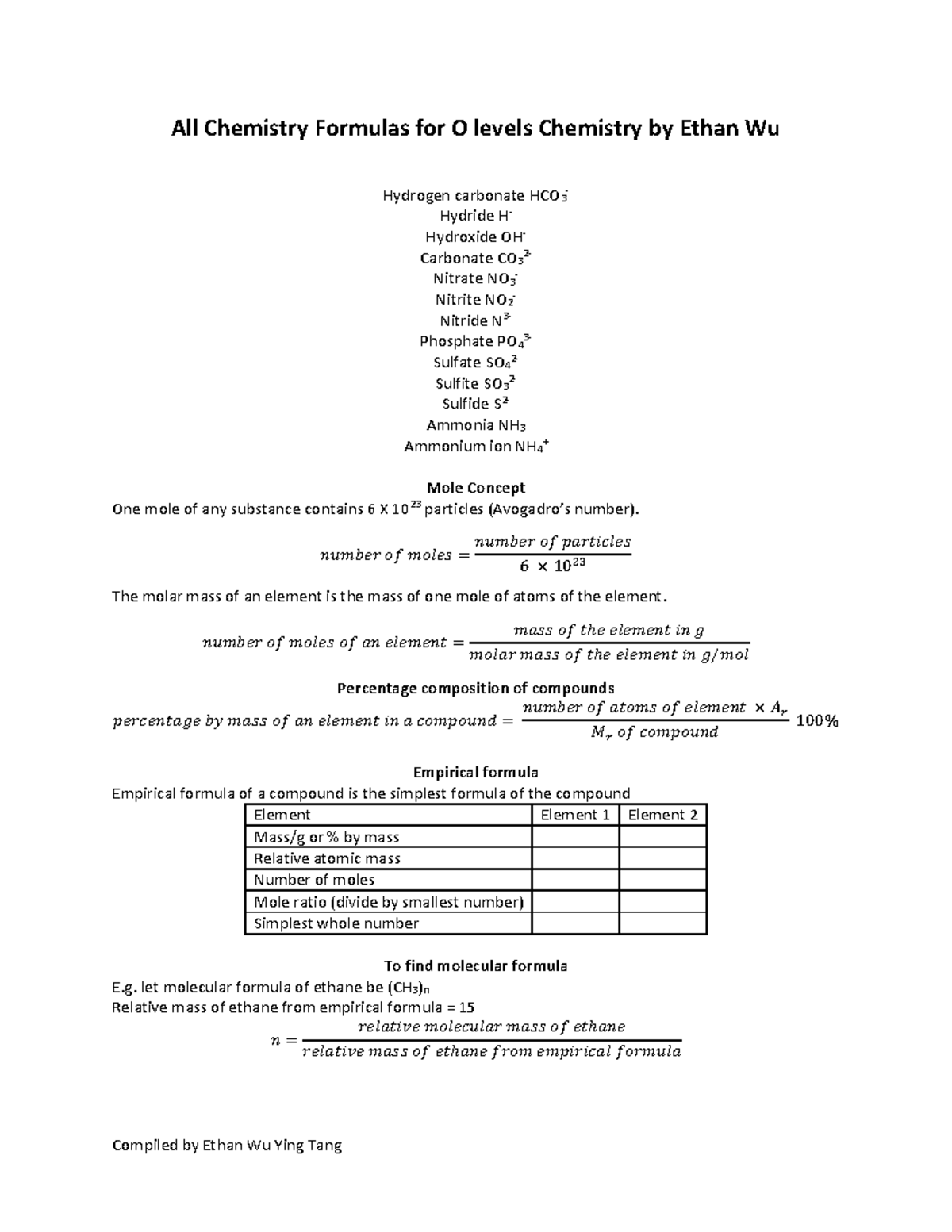 O Levels Chemistry Formulas: Last Minute Revision Notes - Studocu