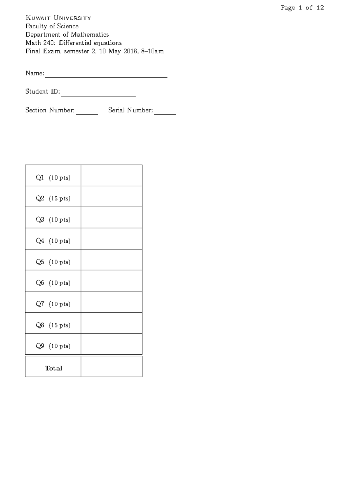 Exam 6 May 2018, questions and answers - Page 1 of 12 Kuwait University ...