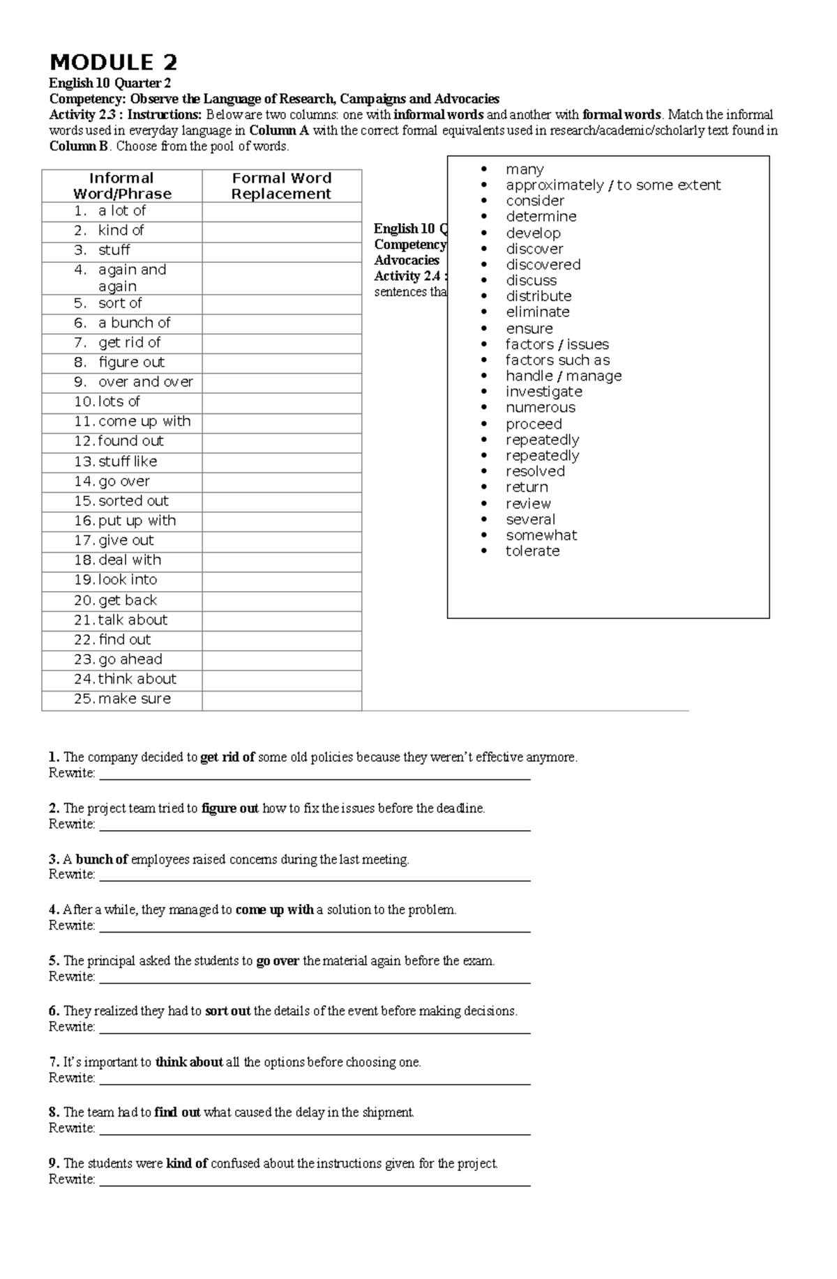 Module 2 English 10 - MODULE 2 English 10 Quarter 2 Competency: Observe ...