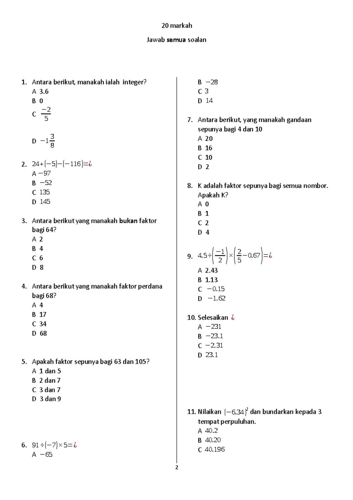 Ppt Form 1 Math - Example Questions and Answers for 20 Marks - Studocu