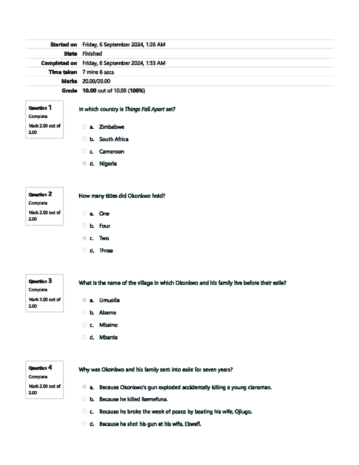 English QUIZ 2: Things Fall Apart Analysis and Questions - Studocu
