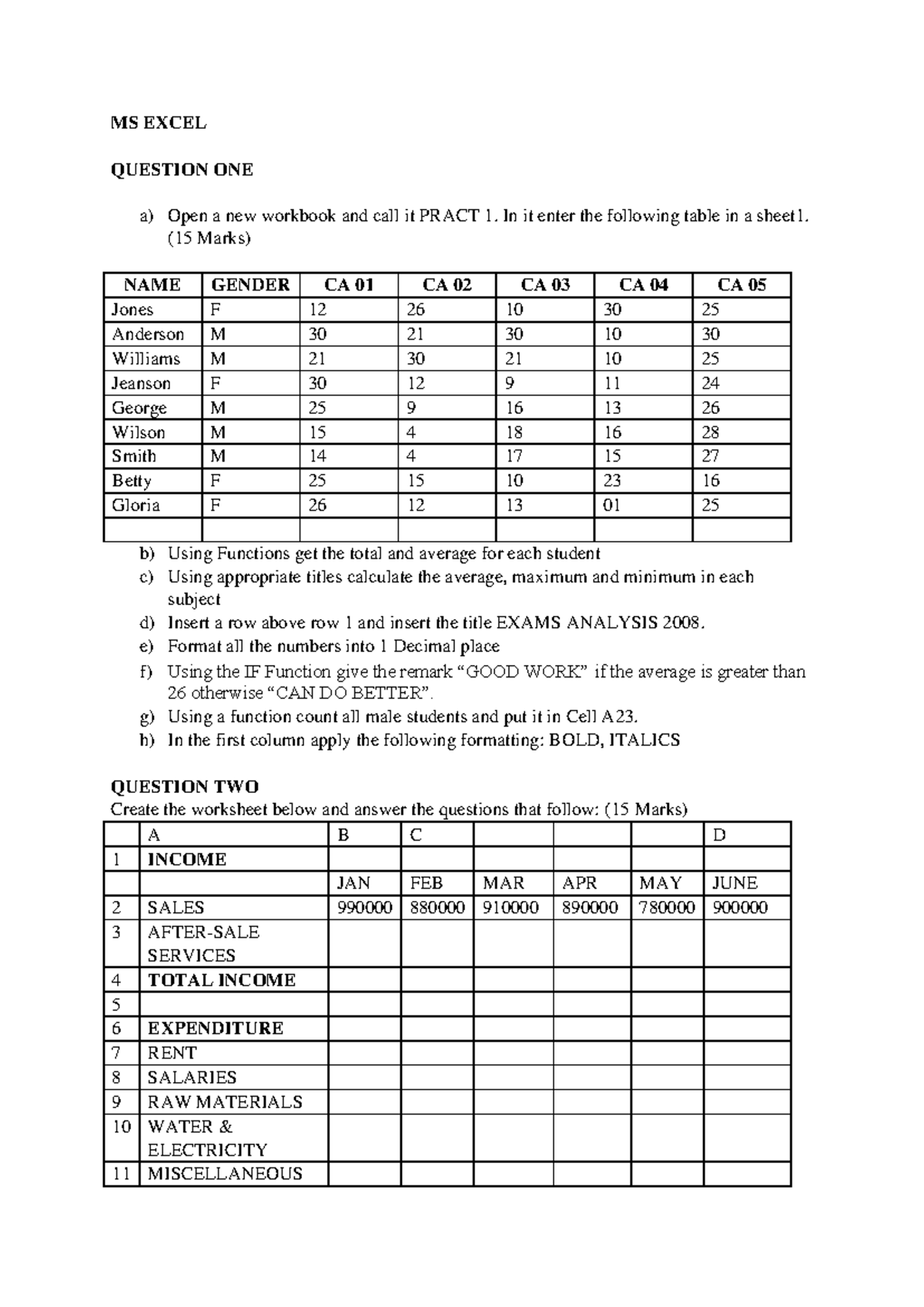 Practical Exercises-1: MS Excel Workbook Tasks and Analysis - Studocu