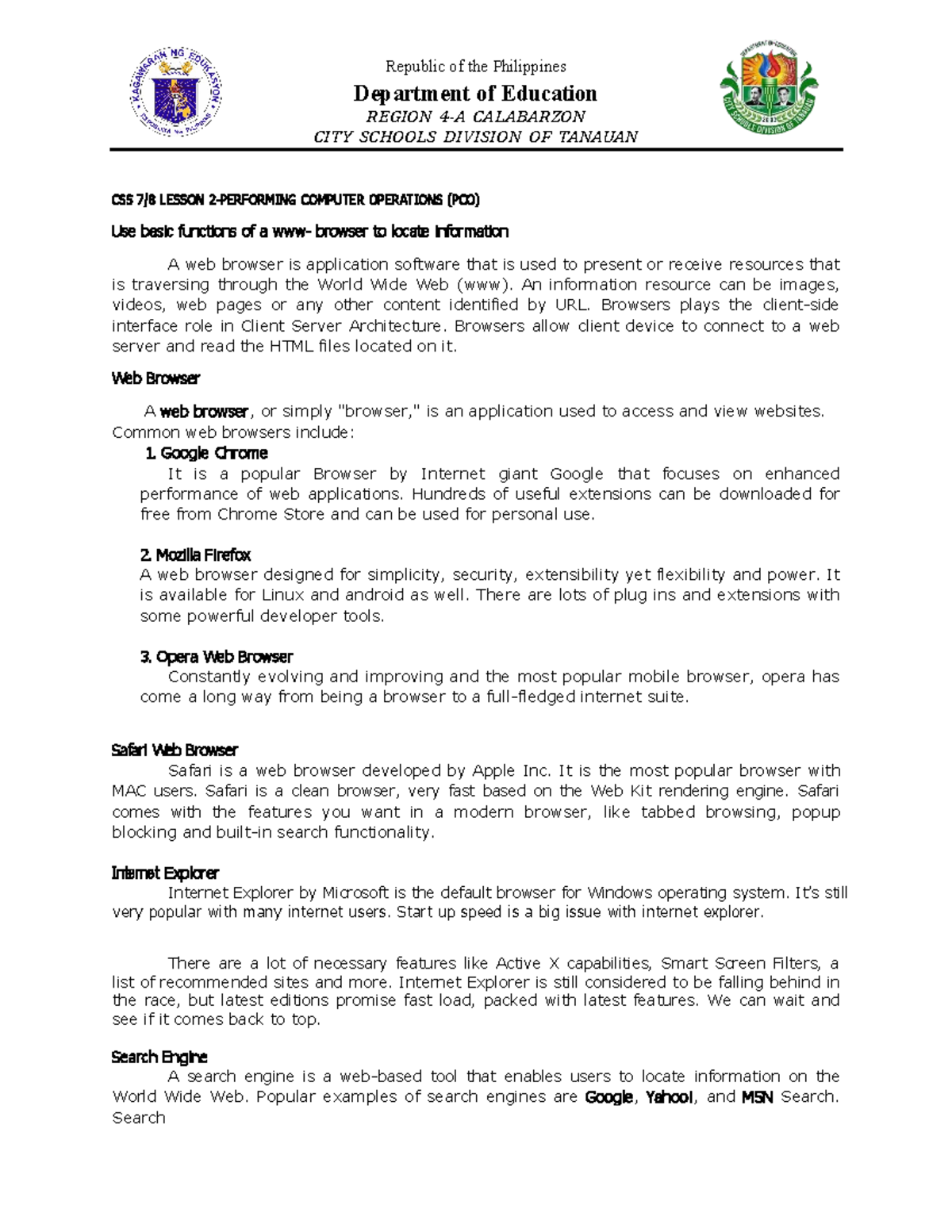 Grade 7-8-CSS Info Sheet Lesson 2- Performing Computer Operations (PCO ... Grade 7-8-CSS Info Sheet Lesson 2- Performing Computer Operations (PCO ...