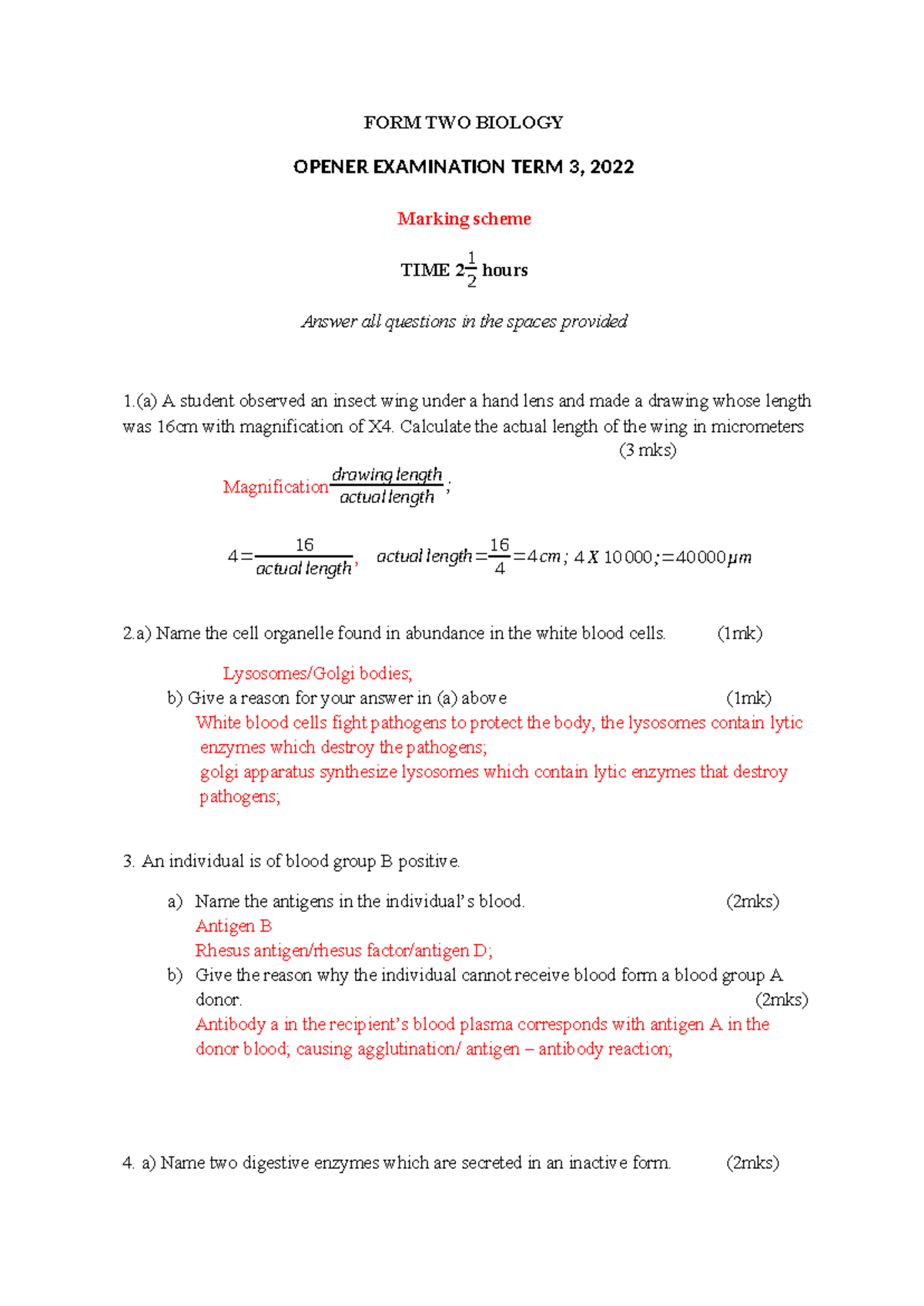 Biology F2 Term 3 2022 Opener Exam Marking Scheme - Studocu