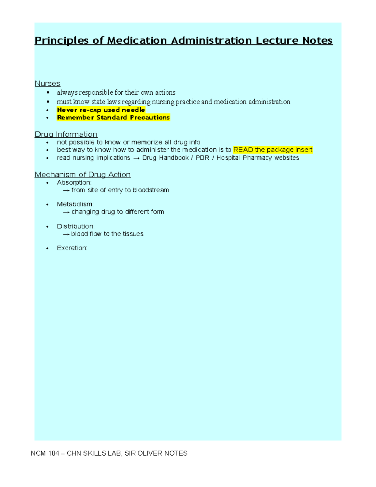 Principles of Medication Administration Notes for Nursing (NURS 101 ...