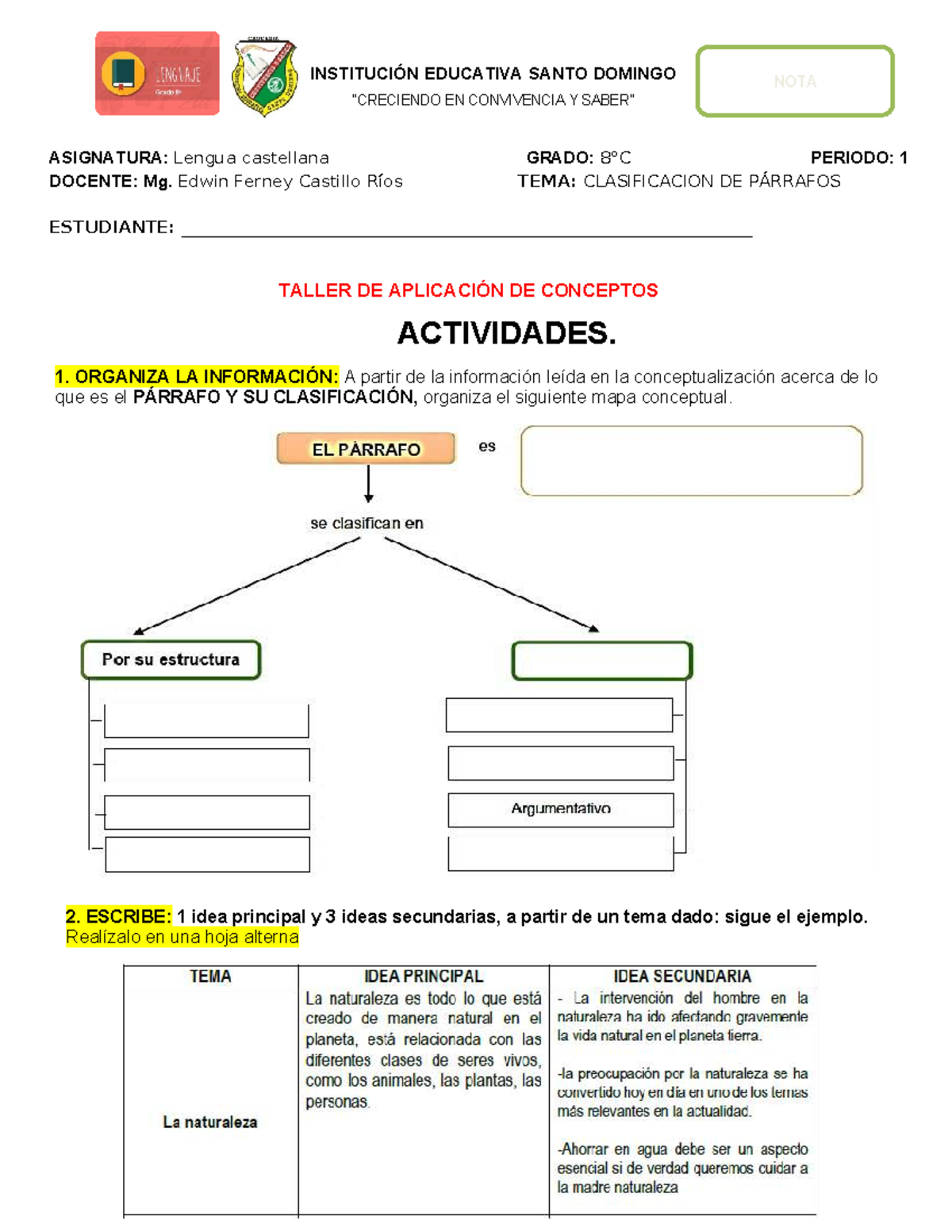 Taller Final de Párrafos - Lengua Castellana - 1.2 - Studocu