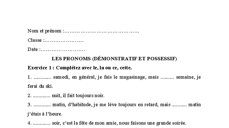 Exercice sur les pronoms démonstratifs et possessifs - FR101 - Studocu