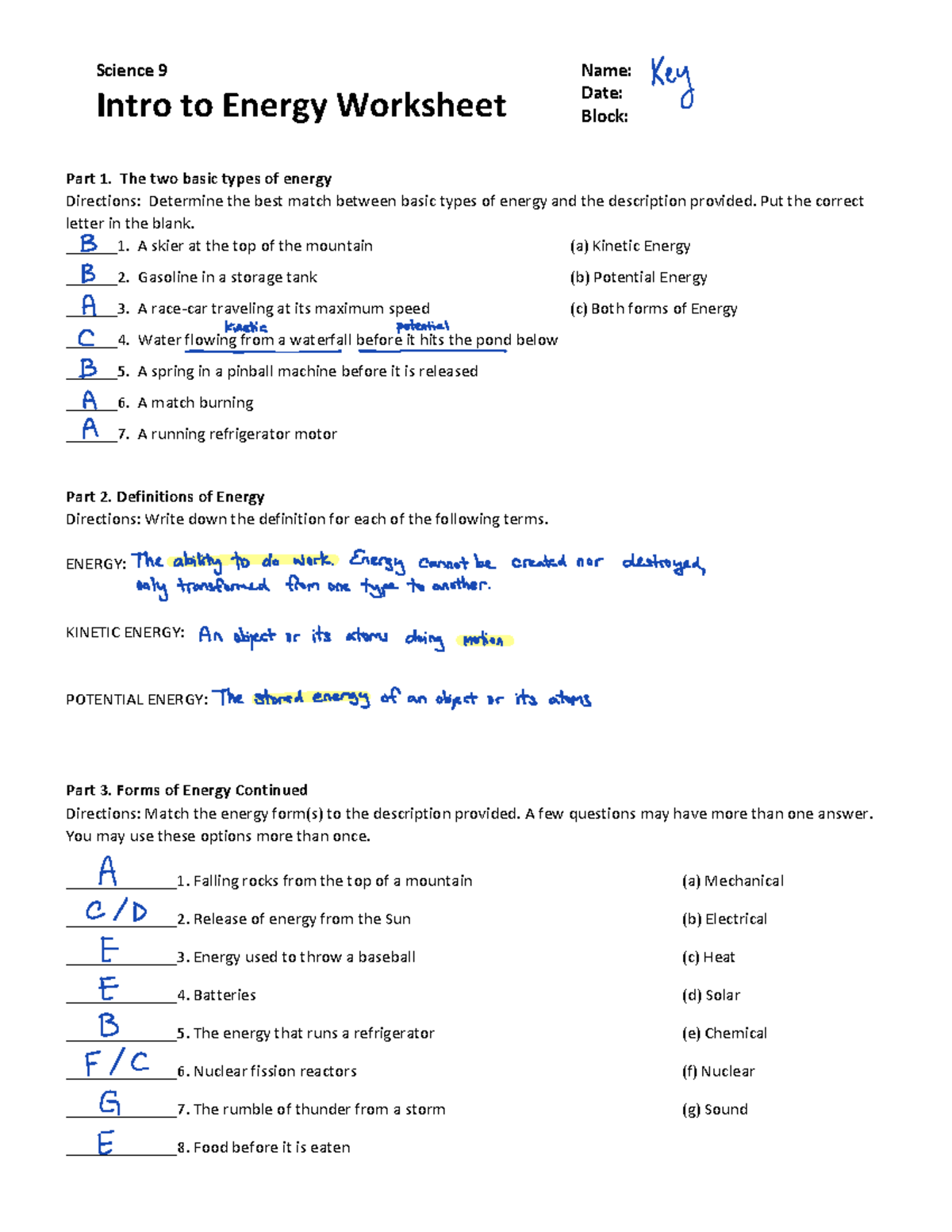 1 introtoenergyworksheetkey - Science 9 Intro to Energy Worksheet Name ...