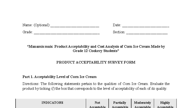 Grade 12 Cookery: Product Acceptability Survey for Corn Ice Cream - Studocu