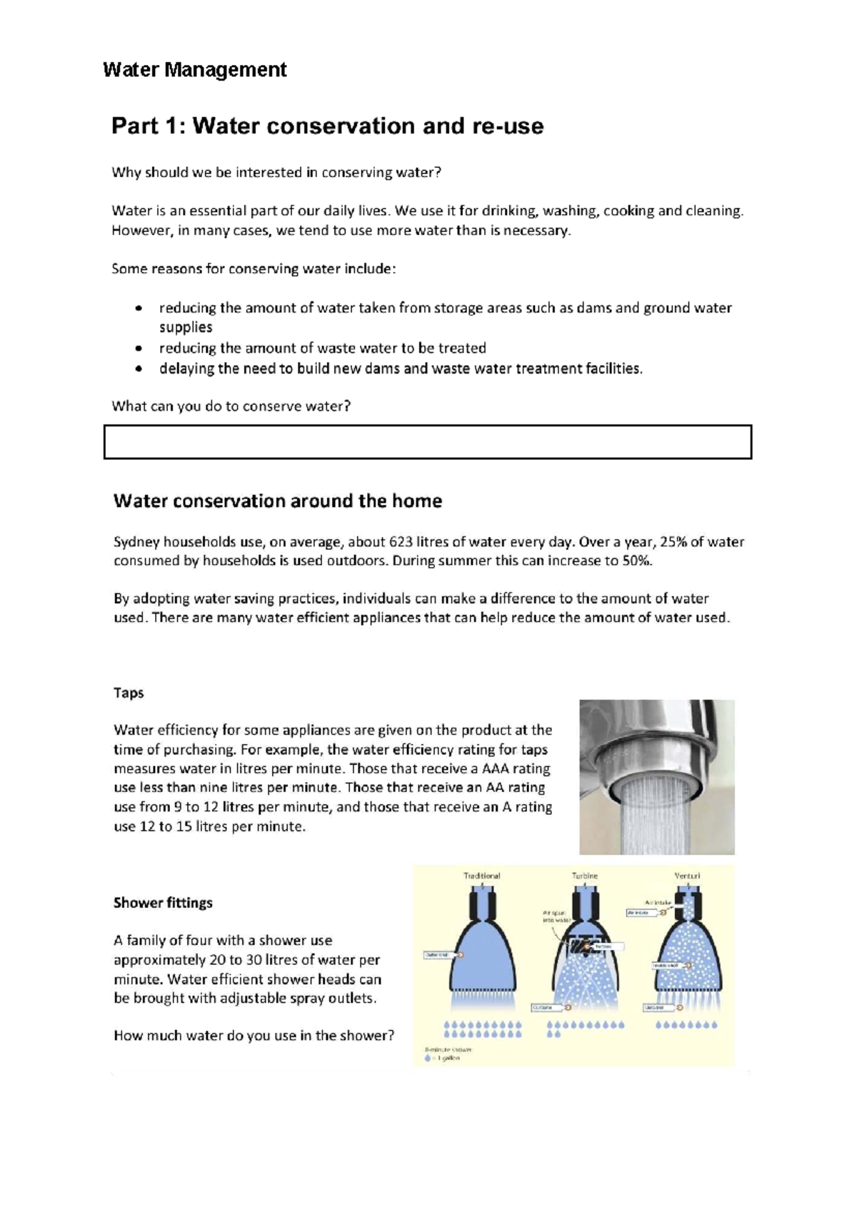 Water Management - Worksheet on Costs and Treatment Methods - Studocu