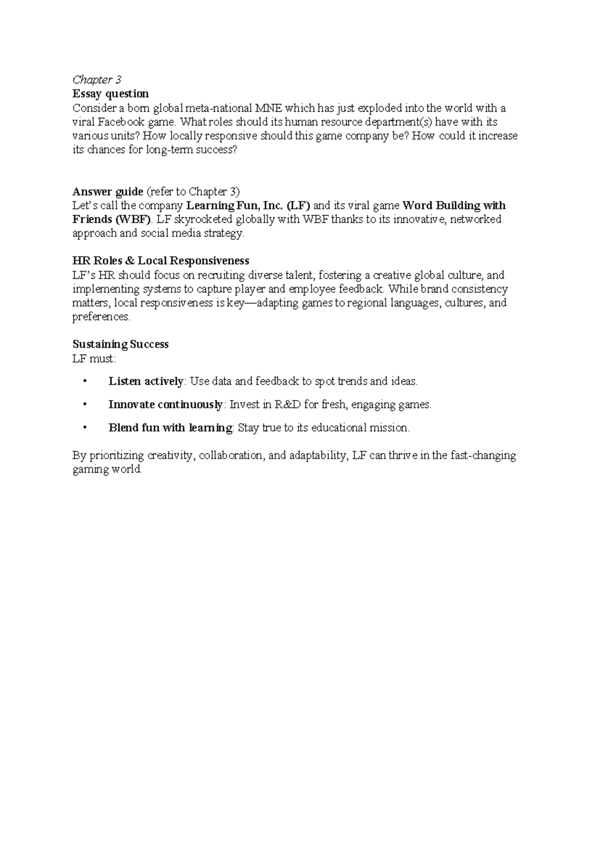 IHRM Essay Questions: Global HR Roles for Learning Fun, Inc. (LF) - Studocu