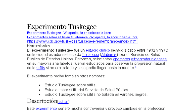 Estudio Tuskegee y Experimentos de Sífilis en Guatemala - Studocu
