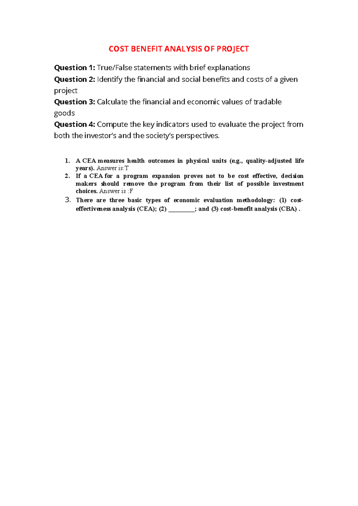 CBA ĐỀ MẪU: Final Exam Analysis of Project Costs and Benefits - Studocu