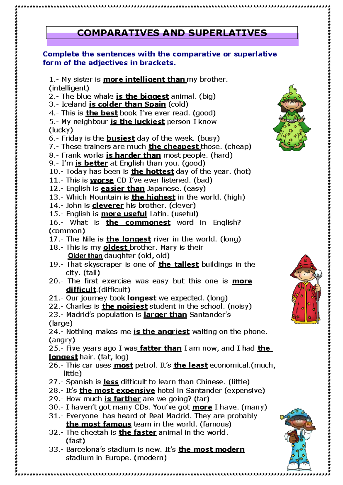 Comparatives and superlatives-EX - Complete the sentences with the ...