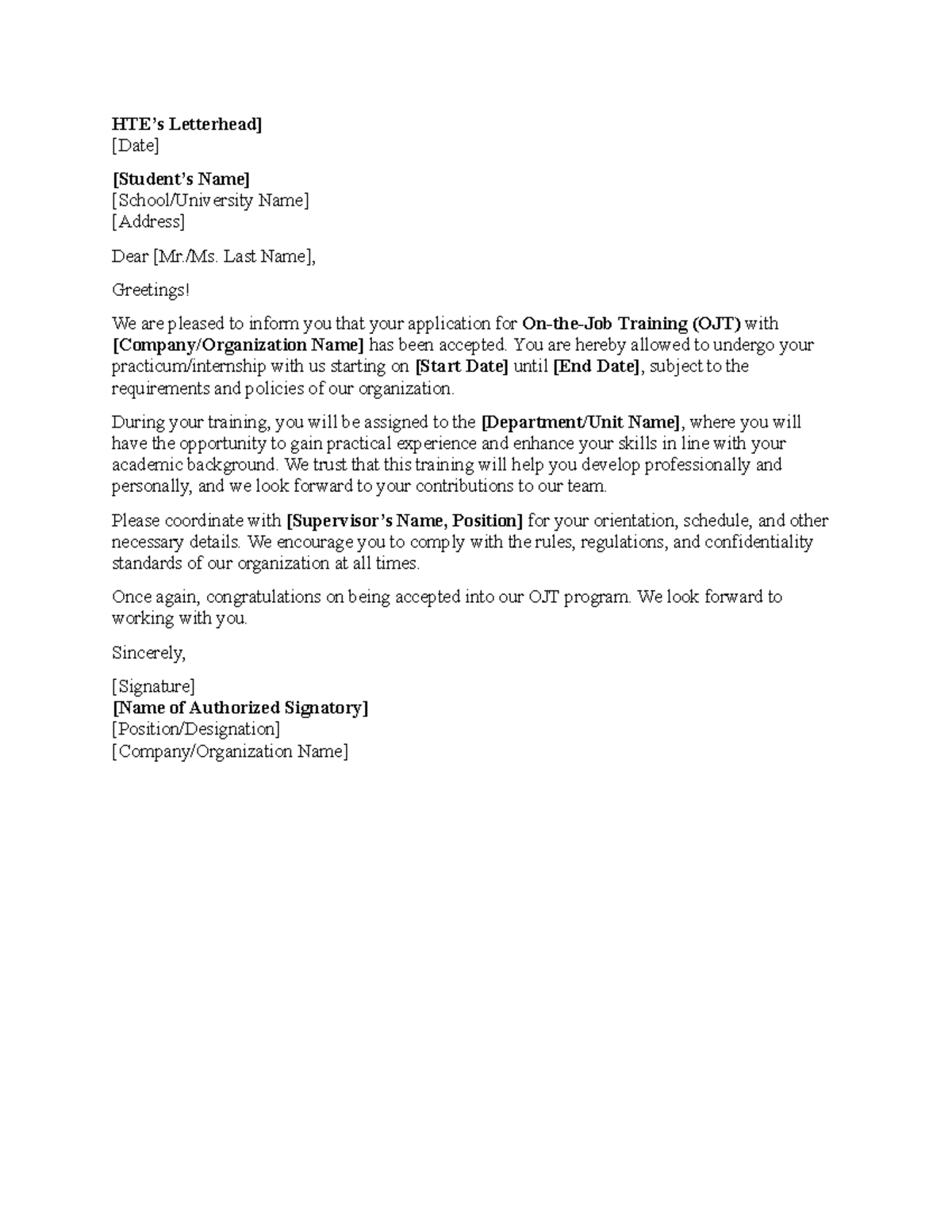 Acceptance Letter for OJT Program - HTE - Studocu