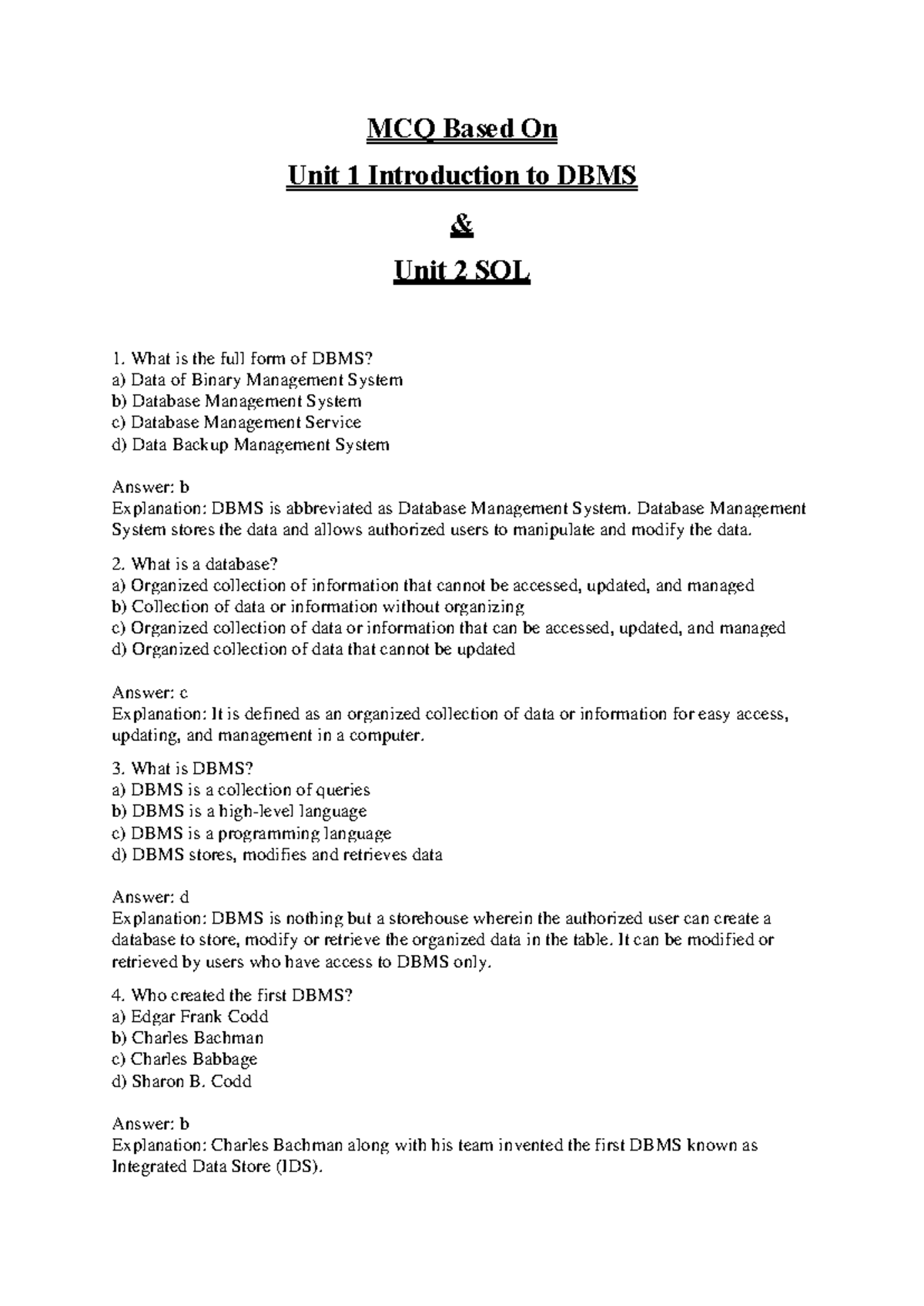 DBMS - MCQs for Unit 1: Intro & SQL - 3rd Sem Exam Prep - Studocu