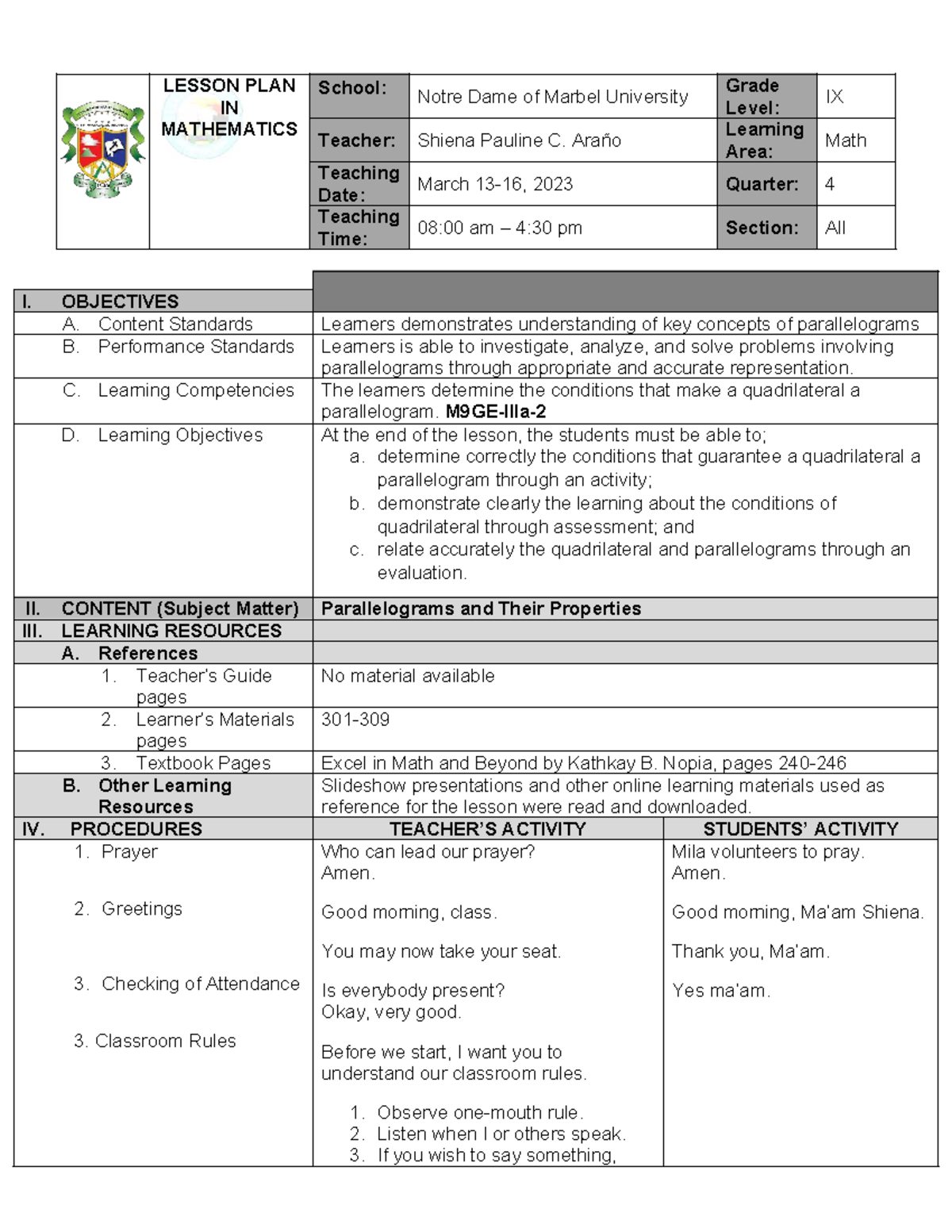 LESSON PLAN IN MATHEMATICS (Grade IX) - Parallelograms & Properties ...