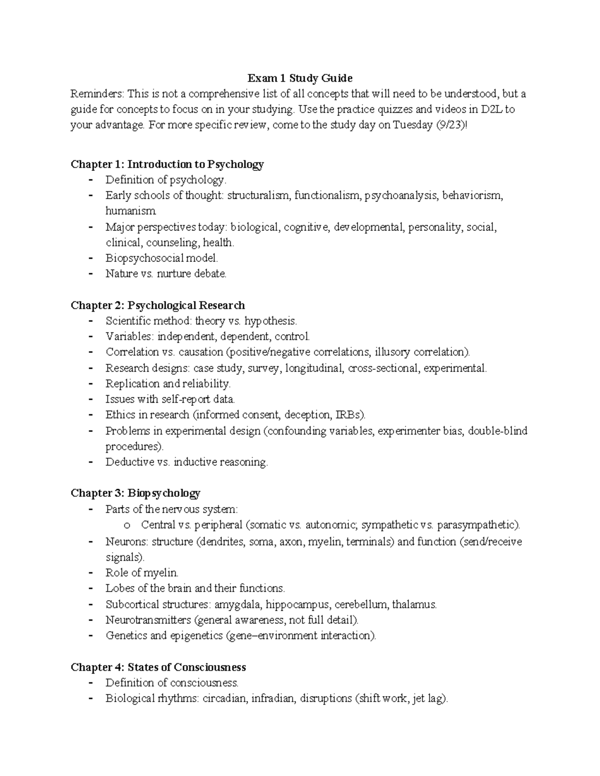 Intro to Psychology Exam 1 Study Guide (PSY101) - Studocu