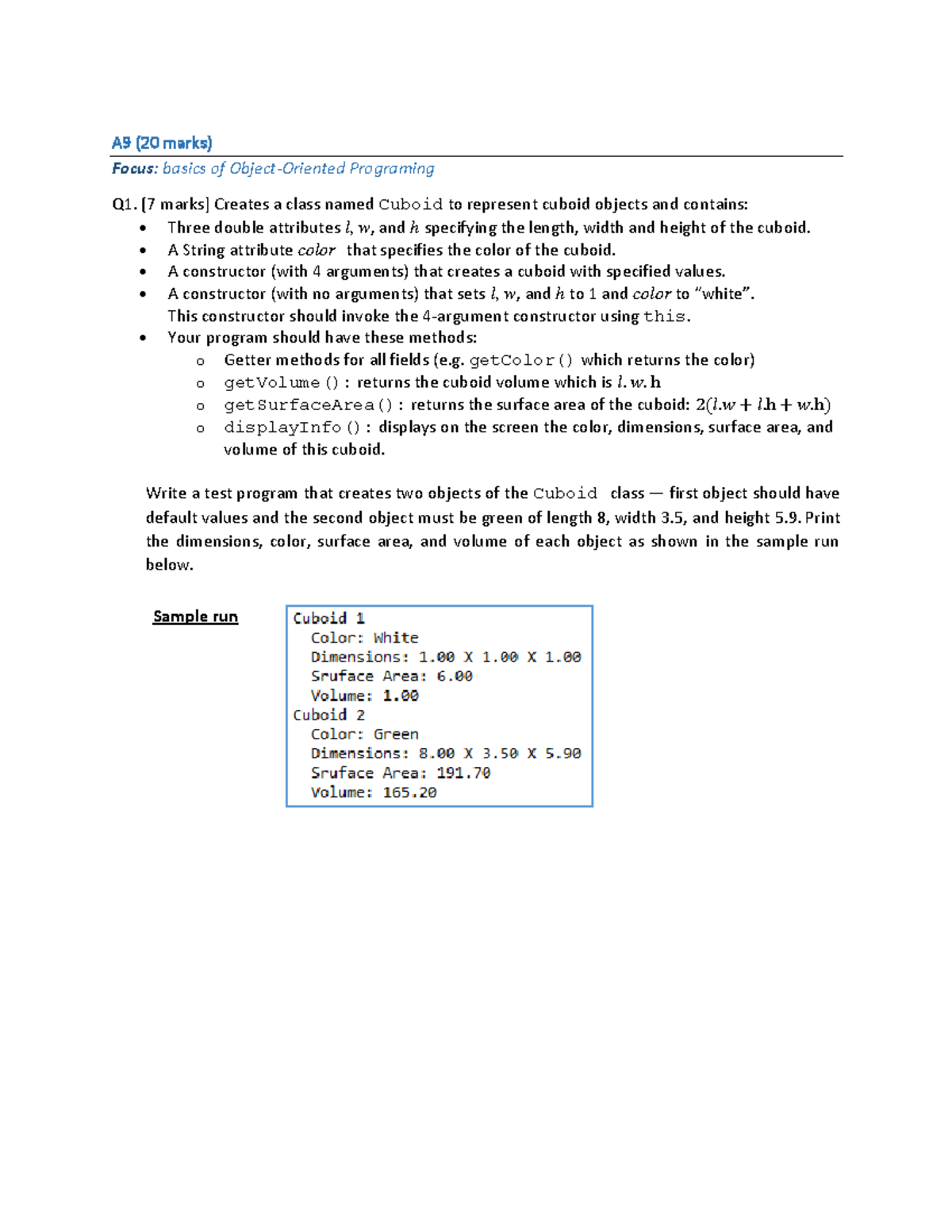 A09 - Programming Basics: Cuboid & BankAccount Classes - Studocu