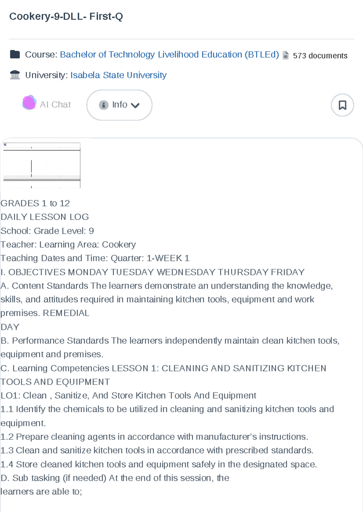 BTLEd 573: Grade 9 Cookery Daily Lesson Log - 1st Quarter - Studocu