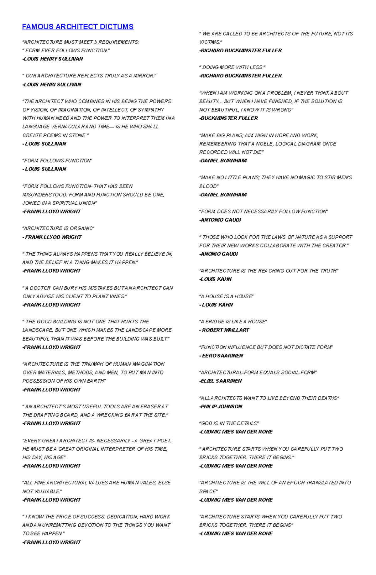 Famous Architect Dictums: Insights and Inspirations - Studocu