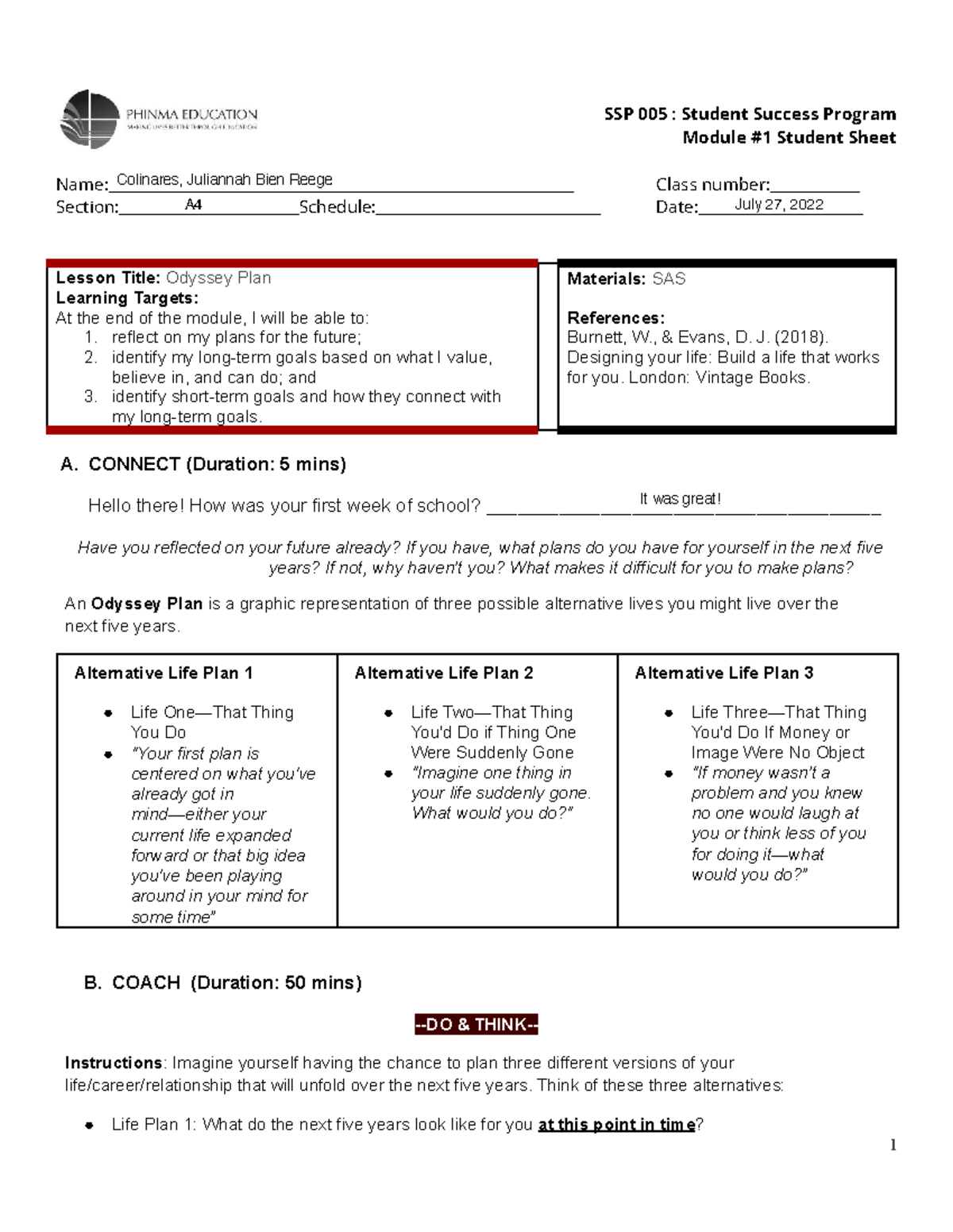 SSP005 Module 1 Odyssey PLAN SAS.docx - SSP 005 : Student Success ...