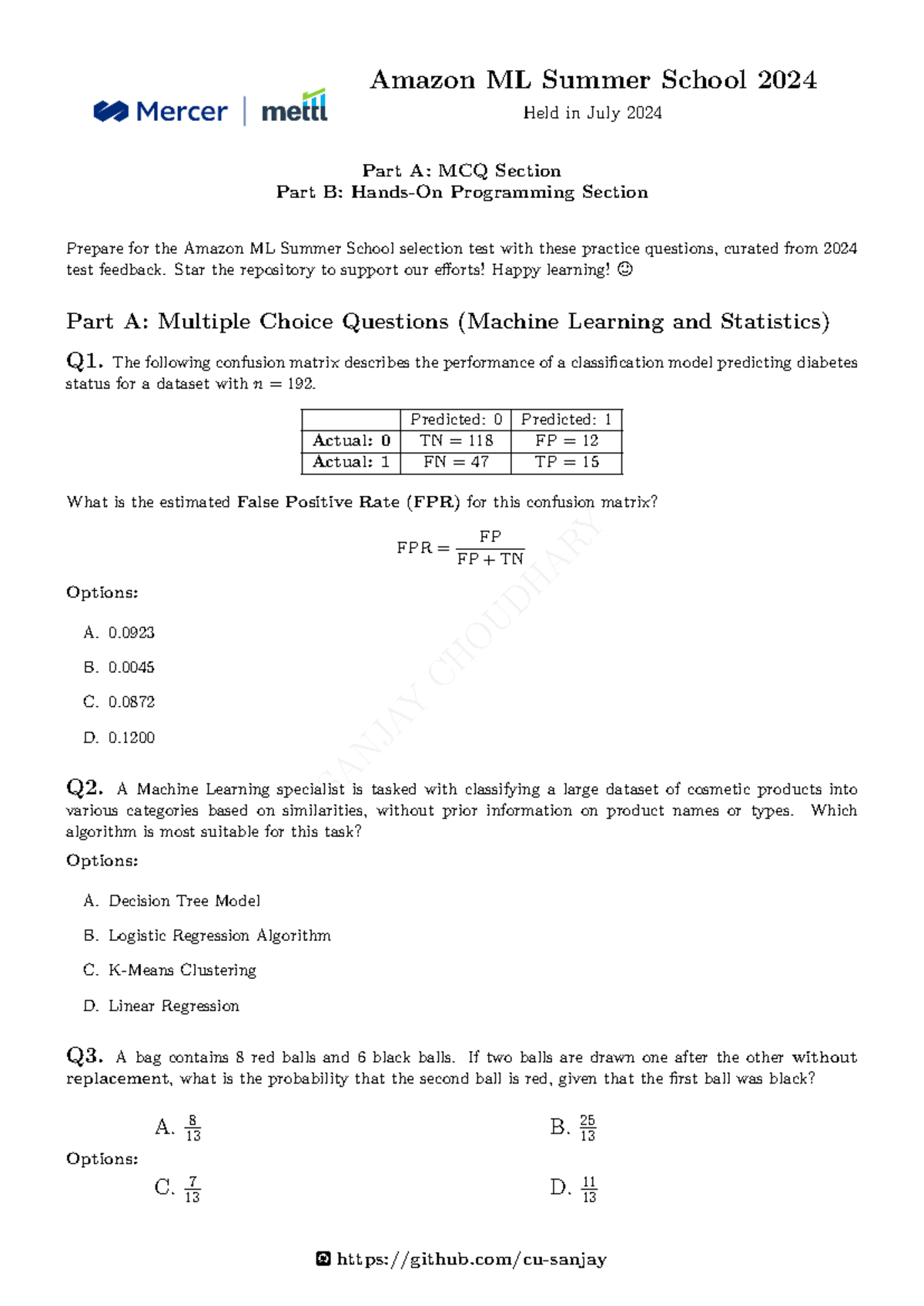 Amazon ML Summer School 2024: MCQ & Programming Practice - Studocu