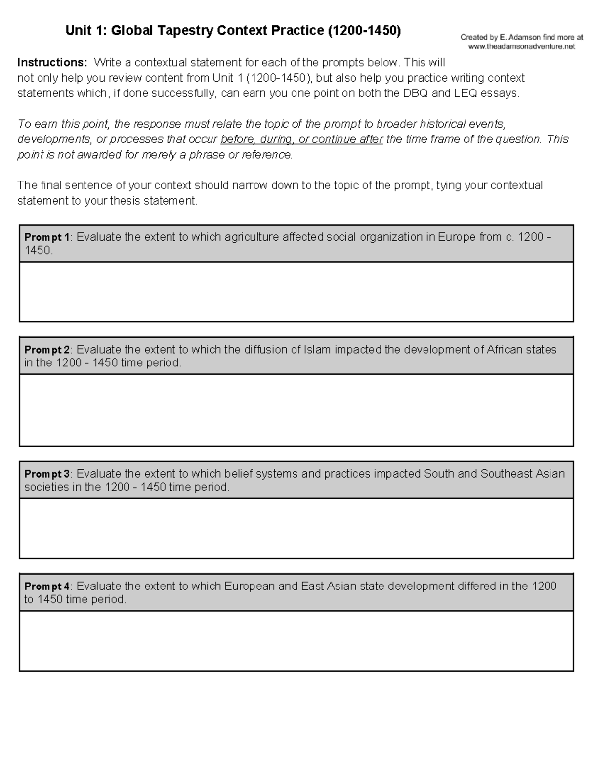 Unit 1 LEQ Practice - LEQ ADVANCED - Unit 1: Global Tapestry Context ...