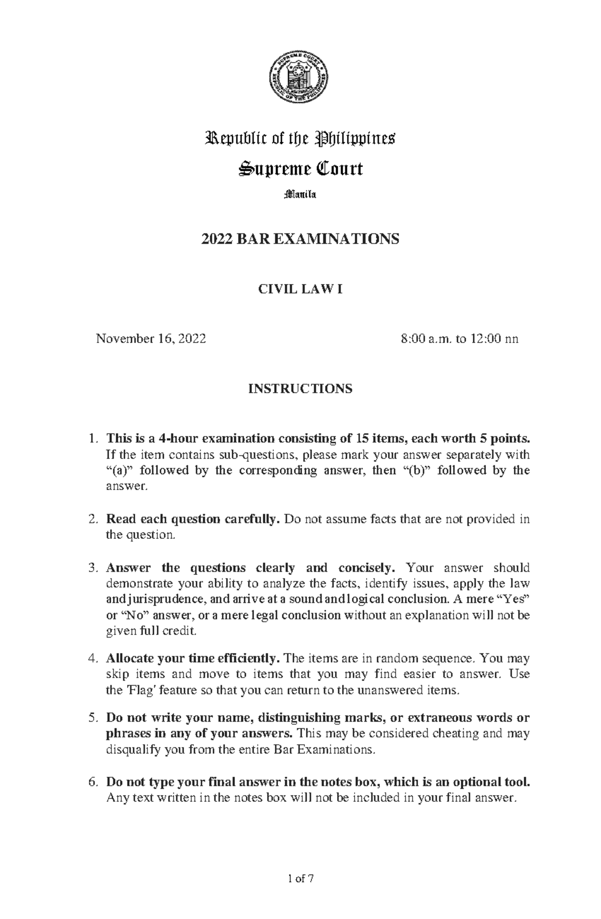 Civil LAW I - 2022 Bar Exam Instructions and Sample Questions - Studocu