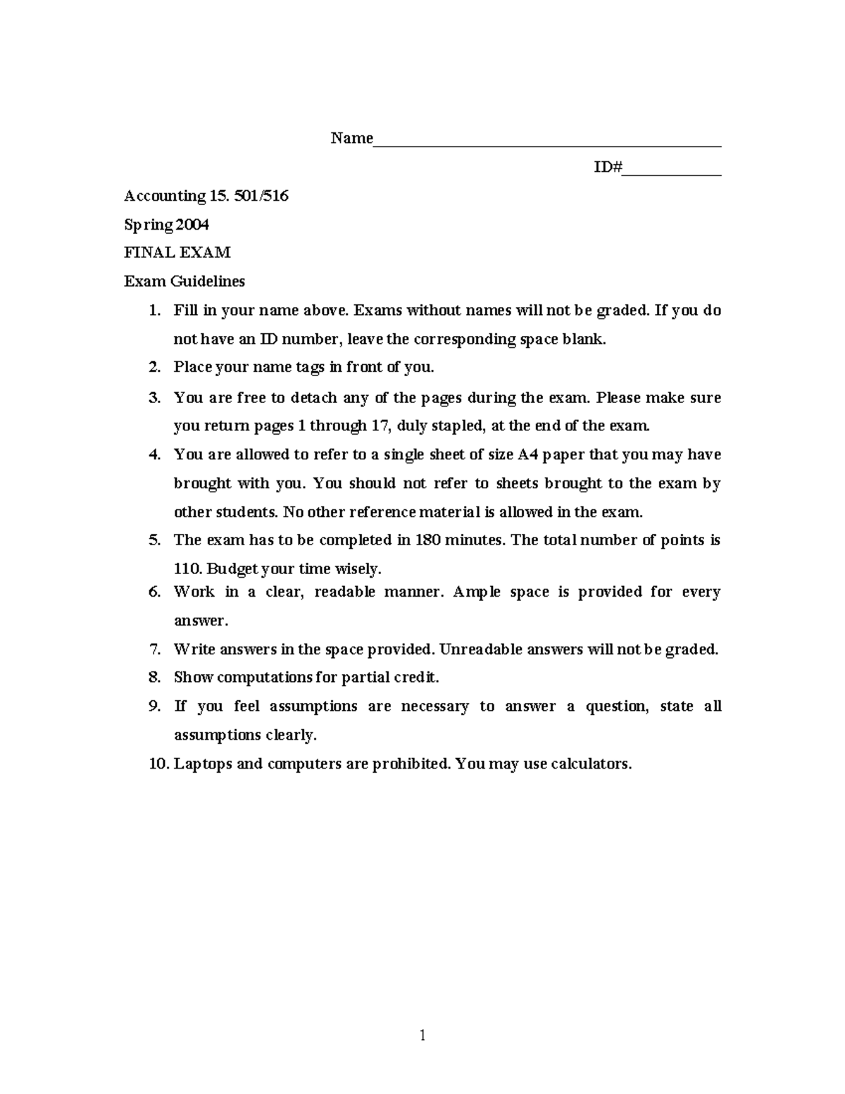 ACC 15 - Spring 2004 FINAL EXAM Guidelines and Key Questions - Studocu