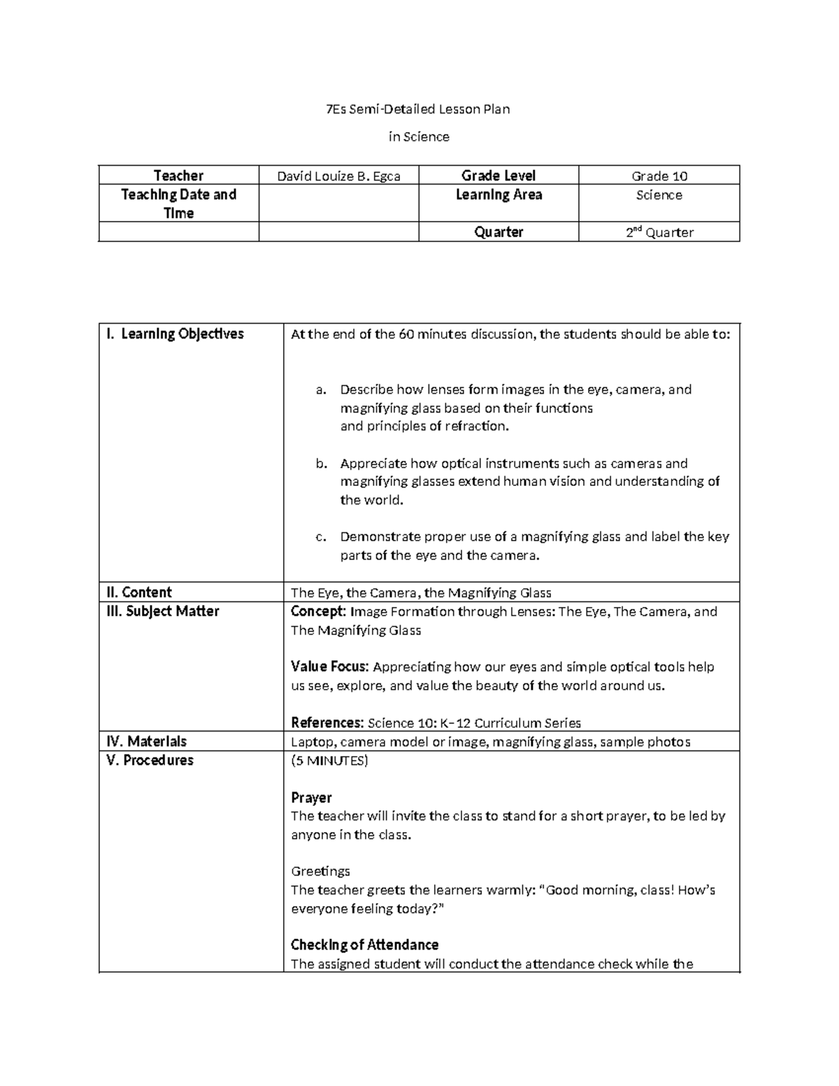 7Es Lesson Plan: Understanding Lenses in Grade 10 Science - Studocu