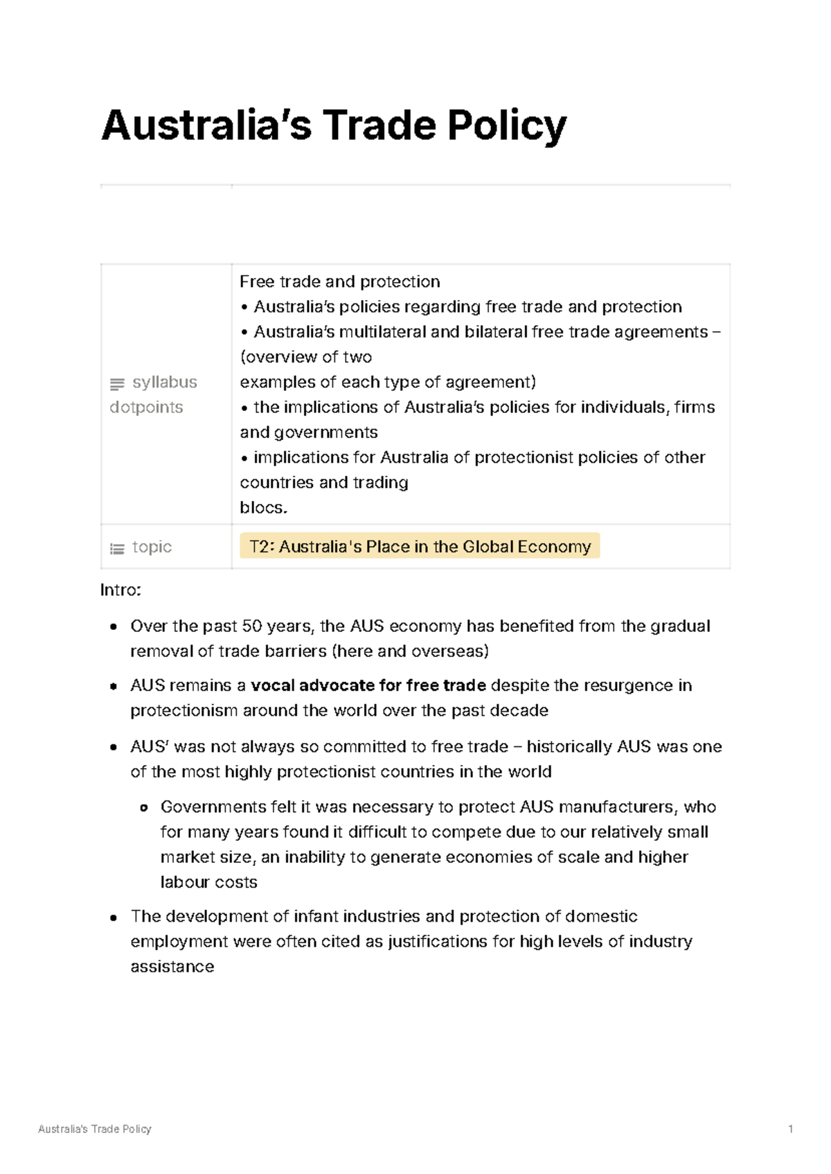 Australia's Trade Policy: Free Trade vs. Protectionism Overview - Studocu