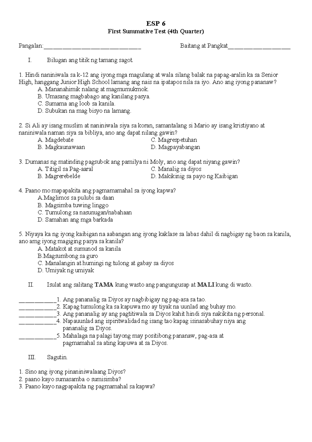 ESP 6 - GMRC 6 First Summative Test (4th Quarter) Questions and Answers ...