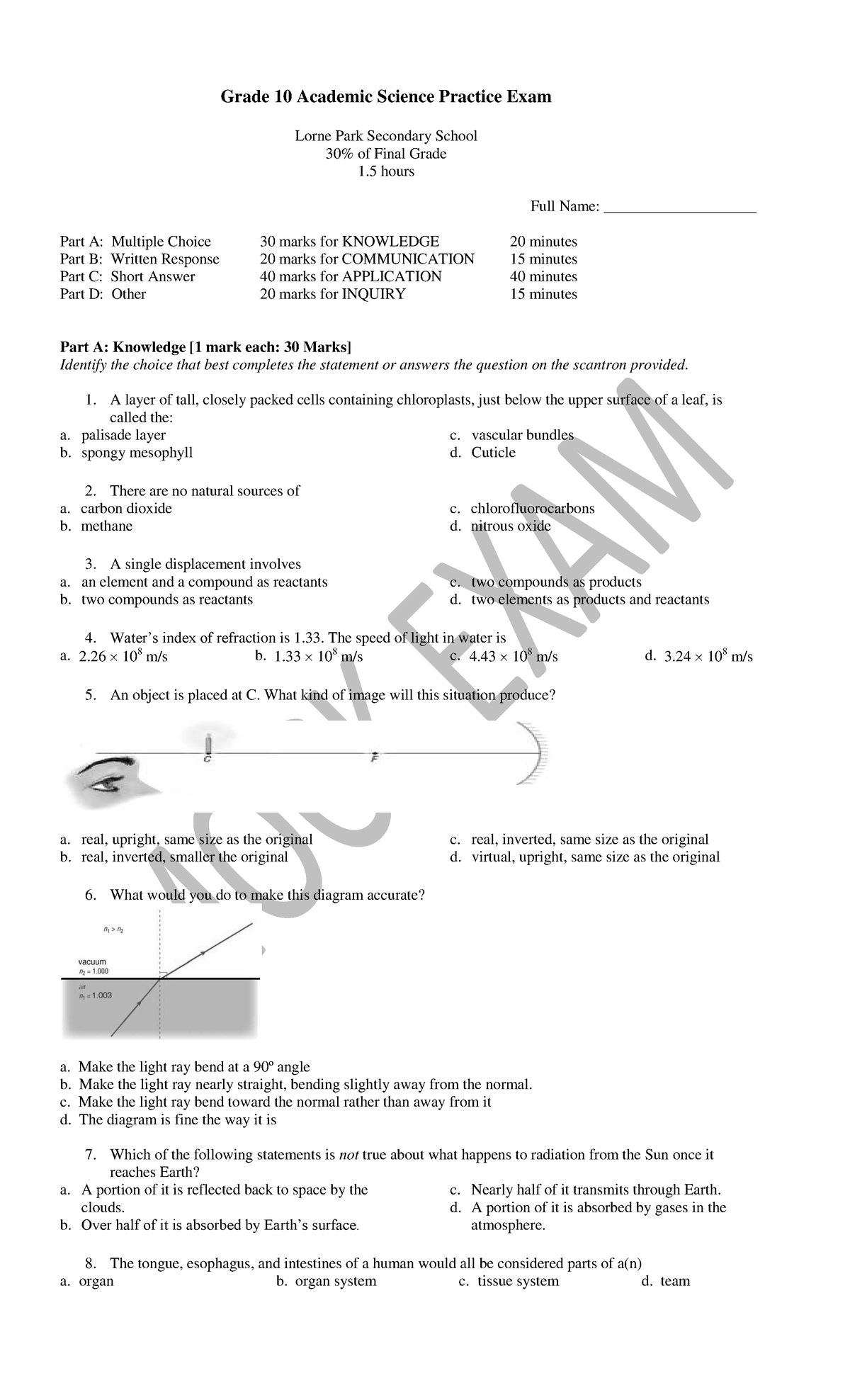 Grade 10 Academic Science Practice Exam 131210169 - Final Exam Review ...